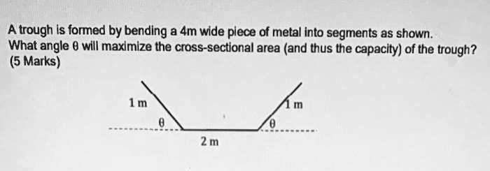 A trough is formed by bending a 4m wide plece of metal into...