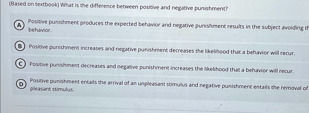 (Based on textbook) What is the difference between positive and negative punishment? A Positive ...
