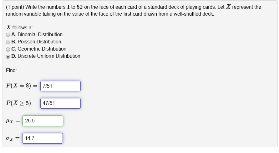 (1 point) Write the numbers 1 to 52 on the face of each card of a ...