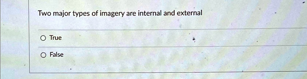 SOLVED: Two major types of imagery are internal and external True False