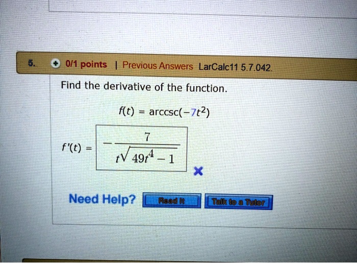 SOLVED: Text: 0/1 points Previous Answers LarCalc11 5.7.042 Find the derivative of the function ...