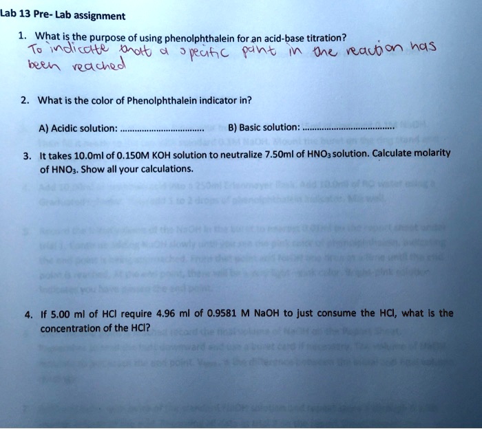 lab 13 pre lab assignment what is the purpose of using phenolphthalein for an acid base ...