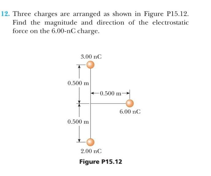 12. Three charges are arranged as shown in Figure P15.12. Find the ...