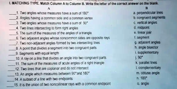 SOLVED: MATCHING TYPE: Match Column Column Write the letter of the correct answer in the blank ...