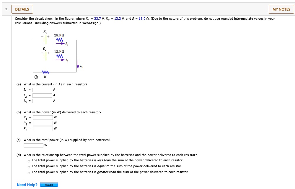 DETAILS Consider the circuit shown in the figure, where E = 23.7V, R1 = 13.3Î©, and R2 = 13.00Î ...