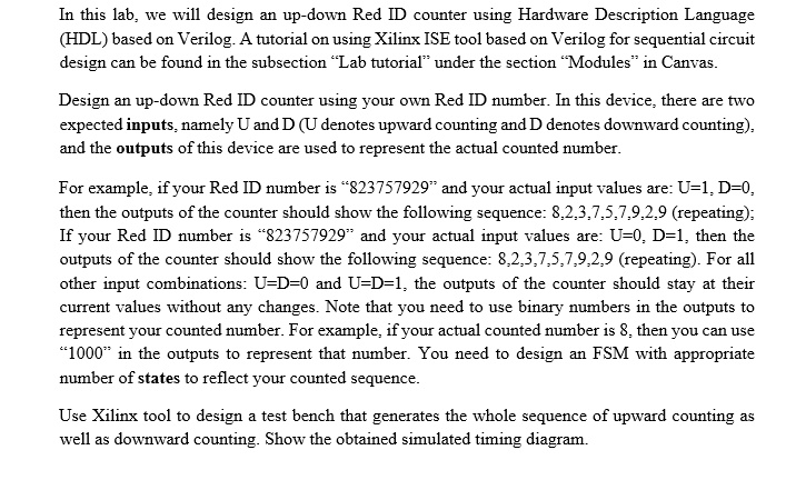 SOLVED: In this lab, we will design an up-down Red ID counter using Hardware Description ...