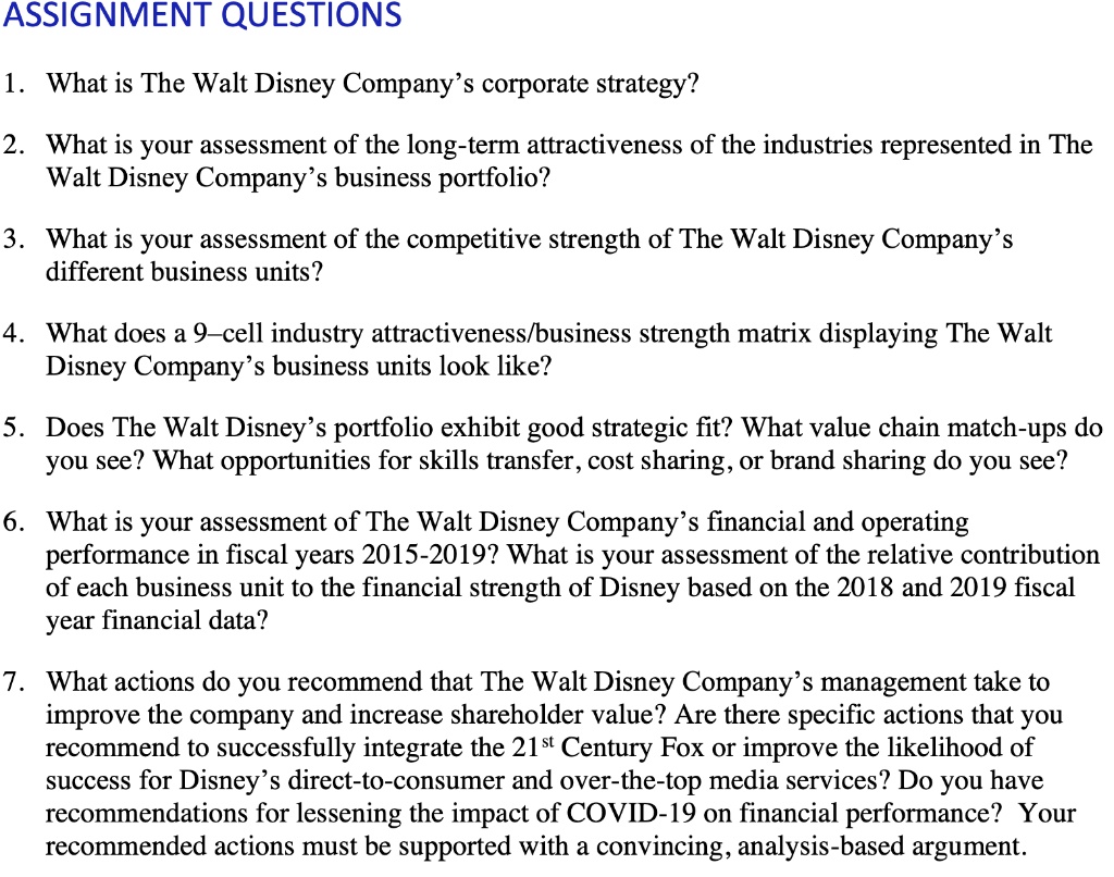 SOLVED: ASSIGNMENT QUESTIONS 1. What is The Walt Disney Company's ...