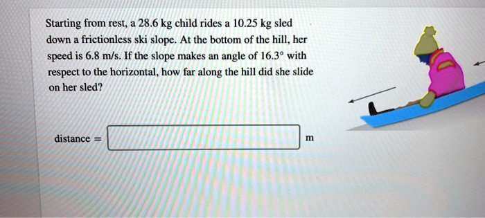 SOLVED: Starting from rest, 28.6 kg child rides 10.25 kg sled down frictionless ski slope: At ...