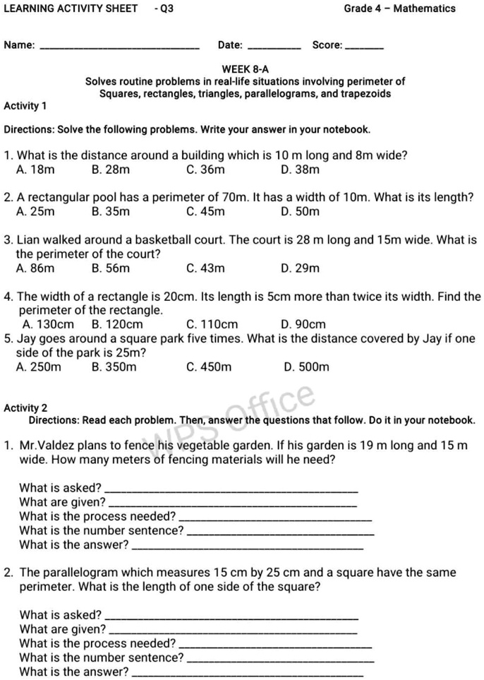 paki sagot po please learning activity sheet 03 grade 4 mathematics name date score week 8 a ...