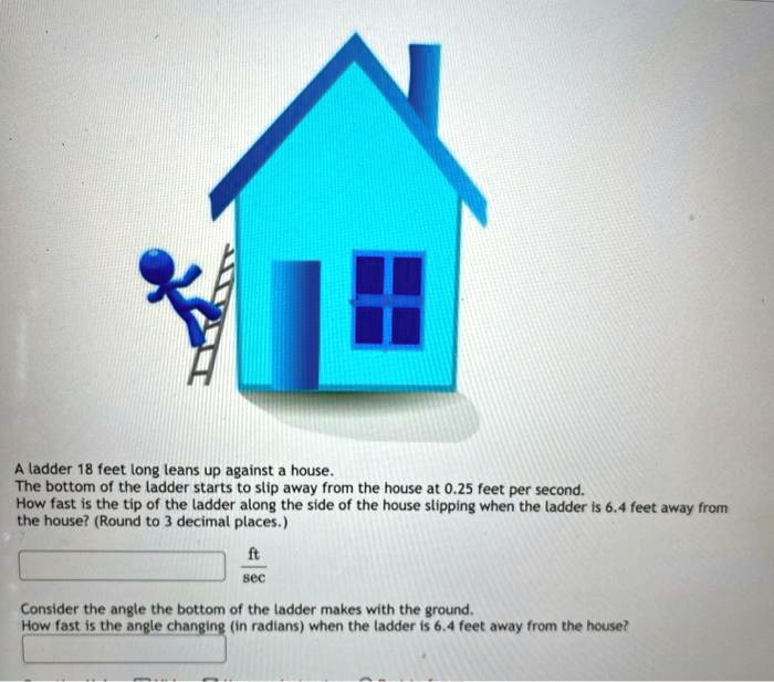 SOLVED: ladder 18 feet long leans up against house The bottom of the ladder starts to slip away ...