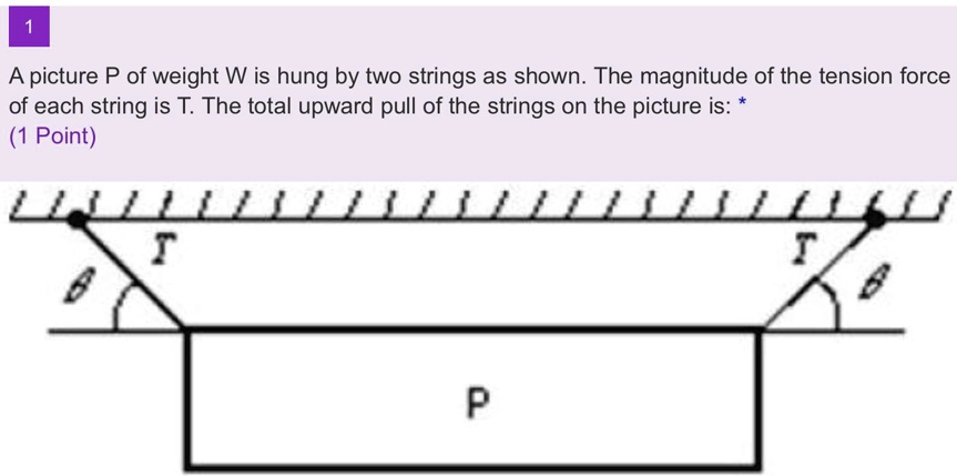 SOLVED: A picture P of weight W is hung by two strings as shown The magnitude of the tension ...