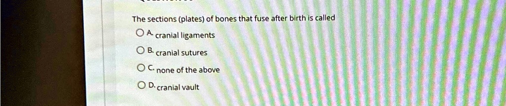 SOLVED: The sections (plates) of bones that fuse after birth is called ...