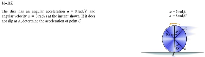 16-117. The disk has an angular acceleration α = 8 rad/s^2 and angular velocity ω = 3 rad/s at ...