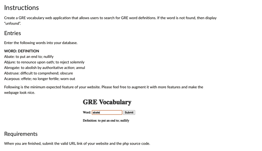 Instructions Create a GRE vocabulary web application that allows users ...
