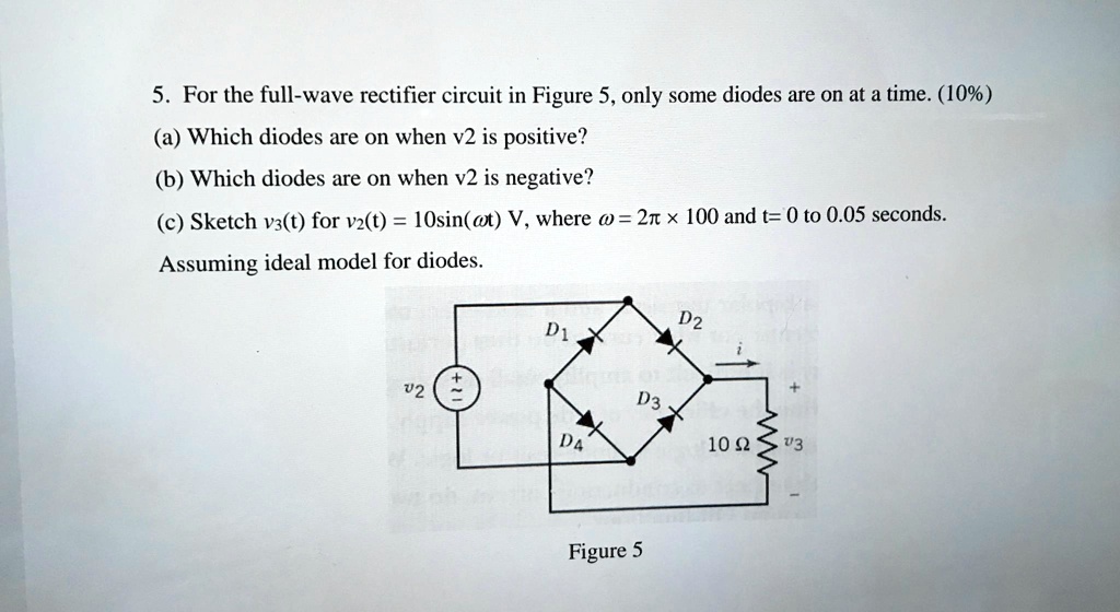 SOLVED: For the full-wave rectifier circuit in Figure 5, only some diodes are on at a time. (10% ...