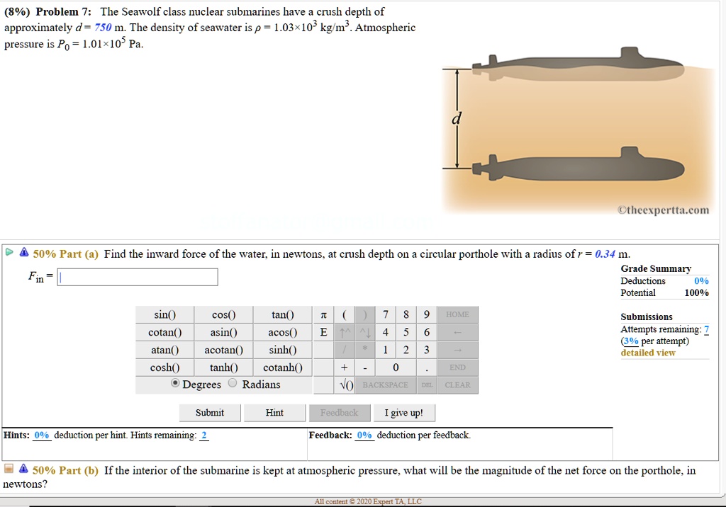 8 problem 7 the seawolf class nuclear submarines have crush depth of approximately d 750 m the ...