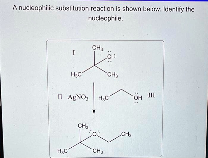 A nucleophilic substitution reaction is shown below. Identify the nucleophile. CH3Cl + AgNO3 â ...