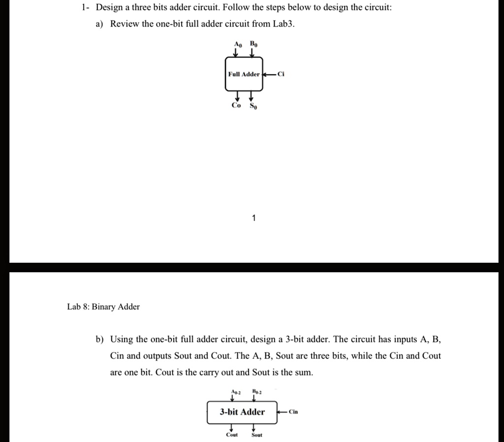 1- Design a three bits adder circuit. Follow the steps below to design the circuit: a) Review ...