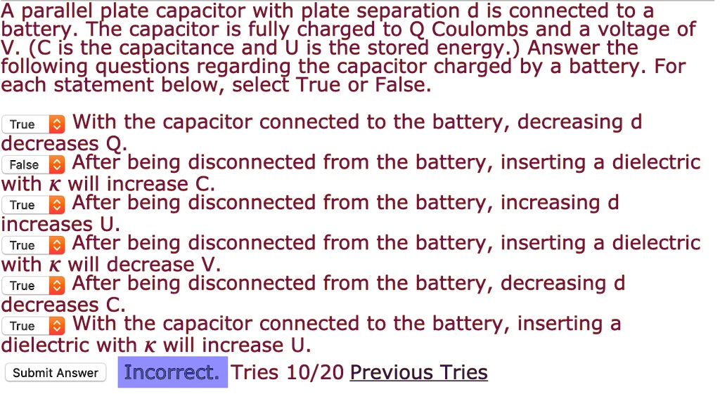 SOLVED: A parallel_plate capacitor with plate separation d is connected to a battery. The ...