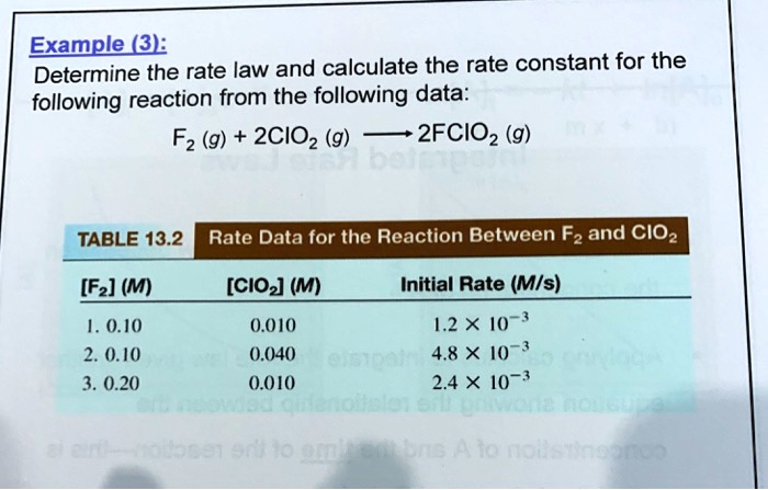 SOLVED: Example 32: Determine the rate law and calculate the rate ...