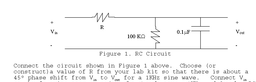 SOLVED: How do you calculate the value of R to get a 45o phase shift??? Vin R 0.1F Vout 100 K ...