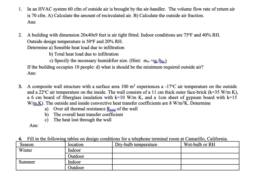 SOLVED: In an HVAC system, 60 cfm of outside air is brought in by the ...