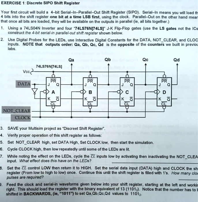 SOLVED: Exercise 1: Discrete SIPO Shift Register Your first circuit will build a 4-bit Serial-In ...