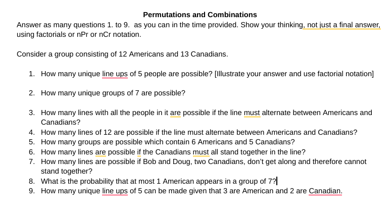 Permutations and Combinations Answer as many questions 1. to 9 . as you ...