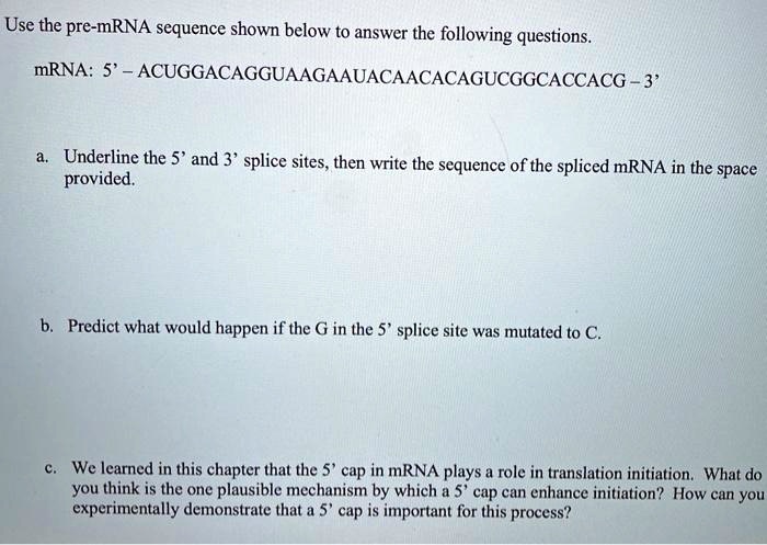 use the pre mrna sequence shown below to answer the following questions ...