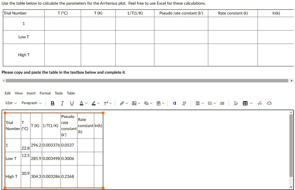 SOLVED: Use the table below to calculate the parameters for the ...