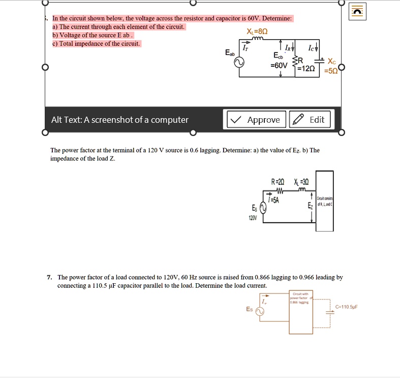 5 in the circuit shown below the voltage across the resistor and capacitor is 60v determine a ...