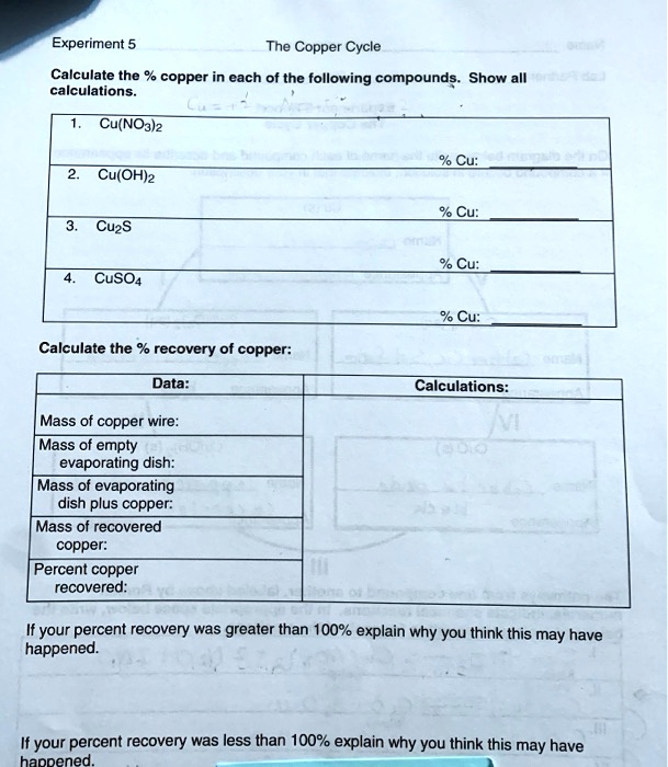 SOLVED: Experiment 5 The Copper Cycle Calculate the % copper in each of ...