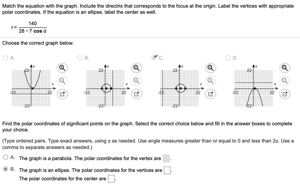 SOLVED: Match the equation with the graph. Include the directrix that corresponds to the focus ...