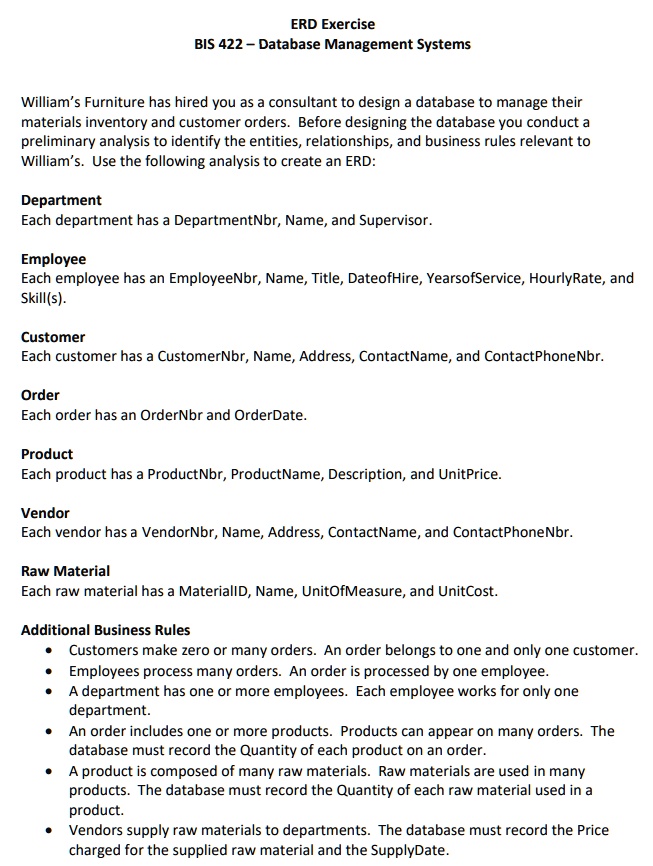 SOLVED: ERD Exercise BIS 422 - Database Management Systems William's ...