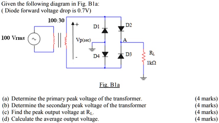 SOLVED: Given the following diagram in Fig. Bla (Diode forward voltage drop is 0.7V): 100:30 D1 ...