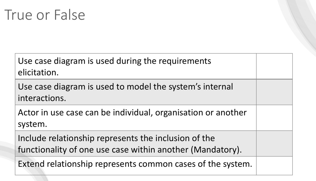 True or False Use case diagram is used during the requirements ...