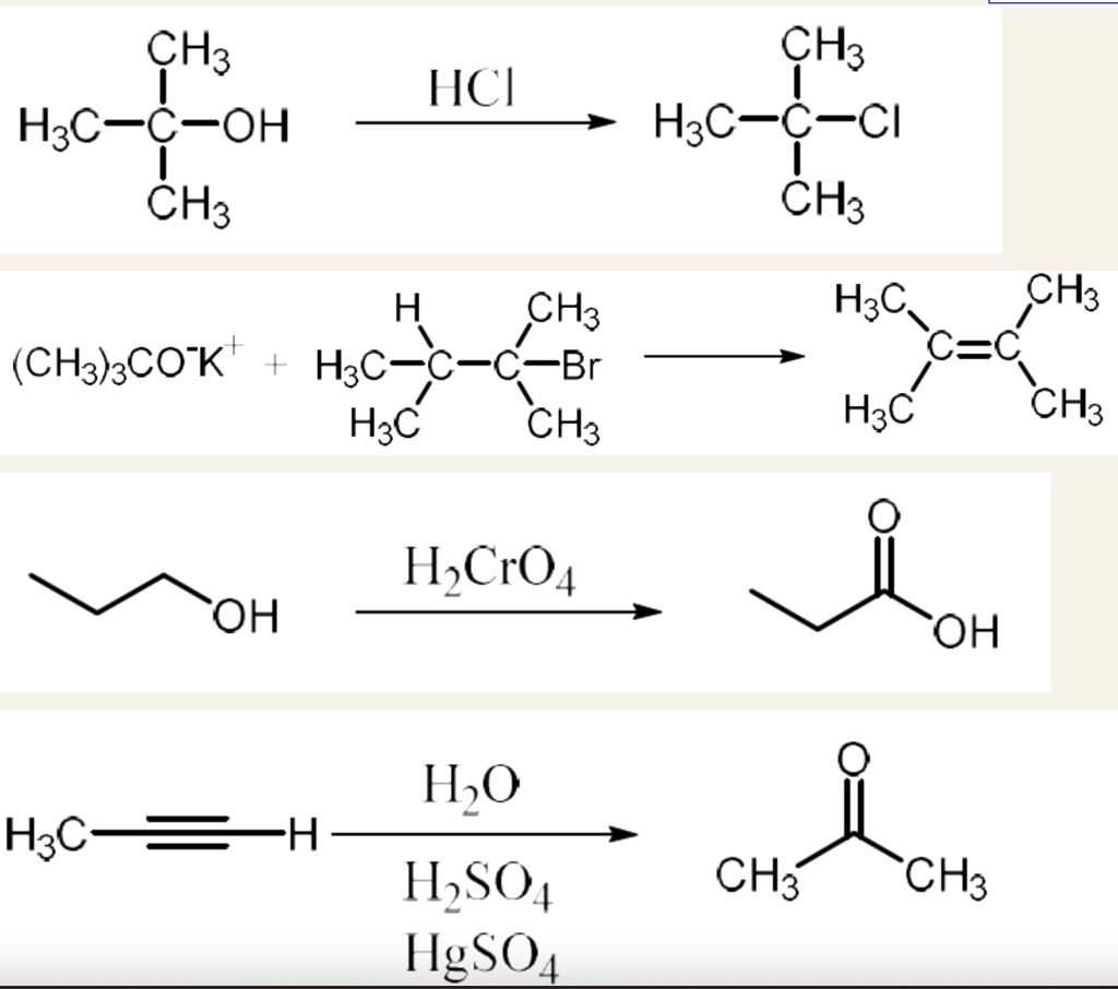 SOLVED: Which reaction is wrong CH3 CH3 HCI H3C-C-OH H3C -CJ CH3 CH3 CH (CH3)3CO"K Br CH3 CH3 H ...