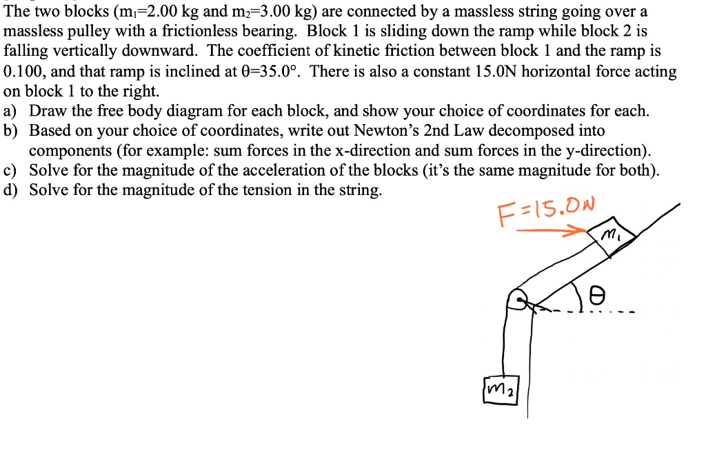SOLVED: The two blocks (m1-2.00 kg and m2-3.00 kg) are connected by a massless string going over ...