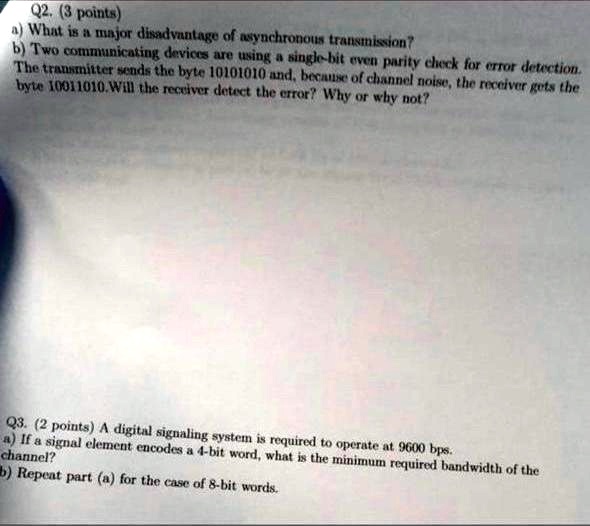 SOLVED: Q2. (3 points) a) What is a major disadvantage of asynchronous transmission? b) Two ...