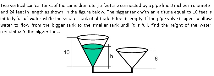 SOLVED: Two vertical conical tanks of the same diameter, 6 feet, are connected by a pipeline 3 ...