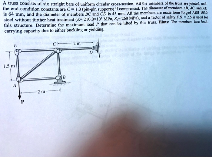 A truss consists of six straight bars of uniform circular cross-section ...