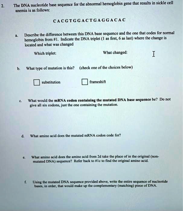 2. The DNA nucleotide base sequence for the abnormal hemoglobin gene ...