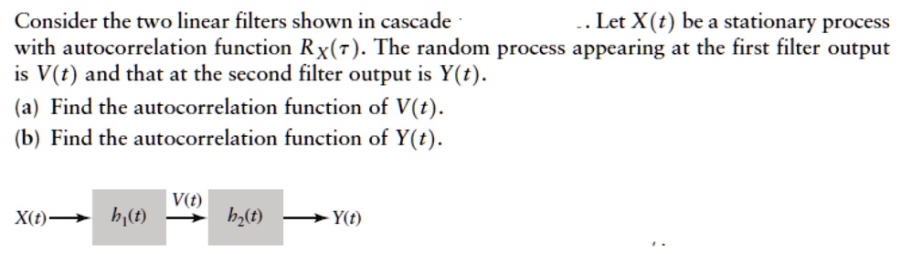 Consider the two linear filters shown in cascade .. Let X(t) be a stationary process with ...