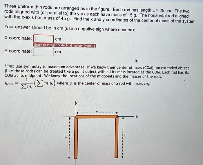 SOLVED: Three uniform thin rods are arranged as in the figure. Each rod ...