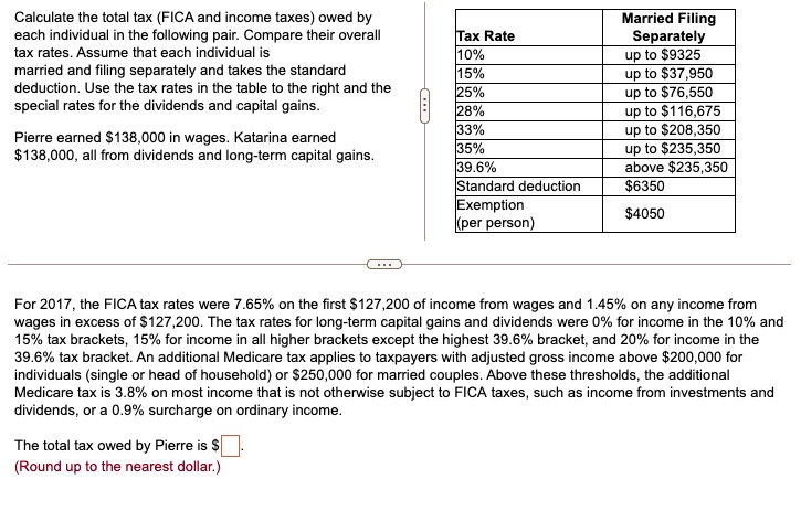 SOLVED: Calculate the total tax (FICA and income taxes) owed by each ...
