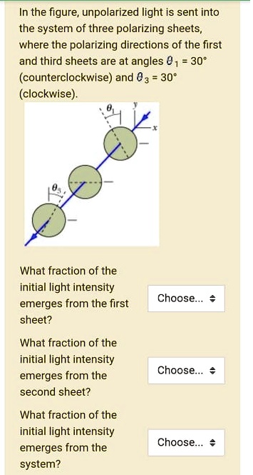 SOLVED: In the figure; unpolarized light is sent into the system of three polarizing sheets ...