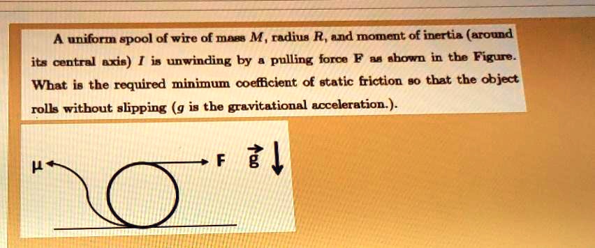 SOLVED: A uniform spool of wire of mass M,radius R,and moment of ...