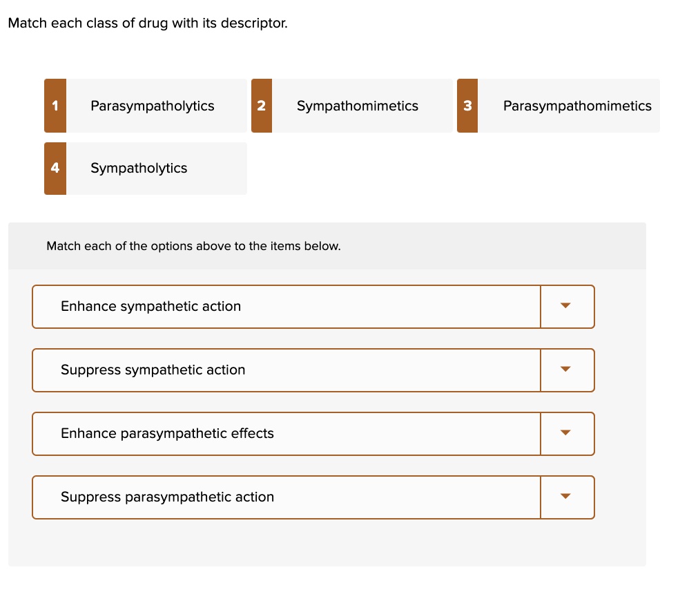 Match each class of drug with its descriptor. 1 Parasympatholytics 2 ...