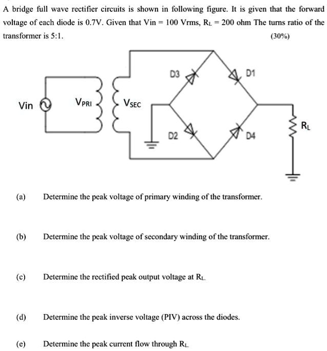 SOLVED: A bridge full-wave rectifier circuit is shown in the following figure. It is given that ...