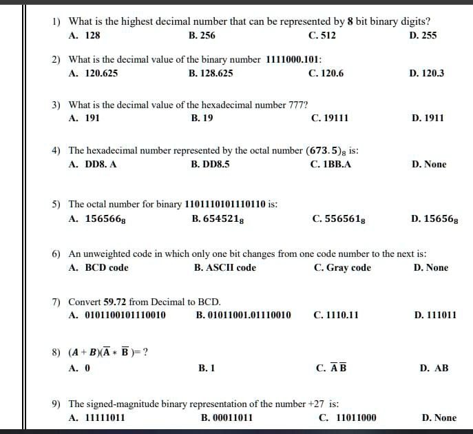 Solved What Is The Highest Decimal Number That Can Be Represented By 8 Bit Binary Digits A 4468